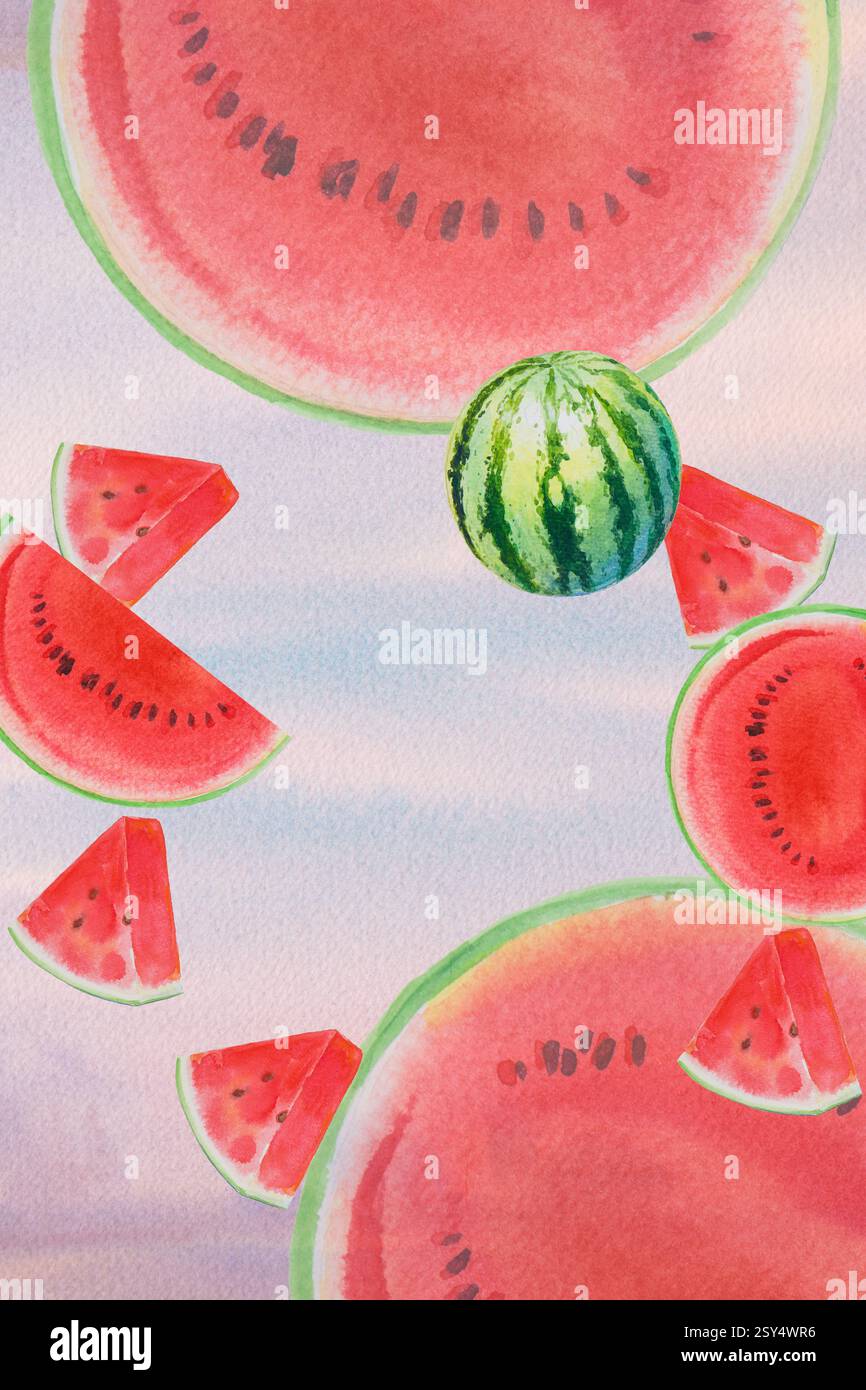 Painting fruit summer watermelon collection, hand drawn watercolor ...