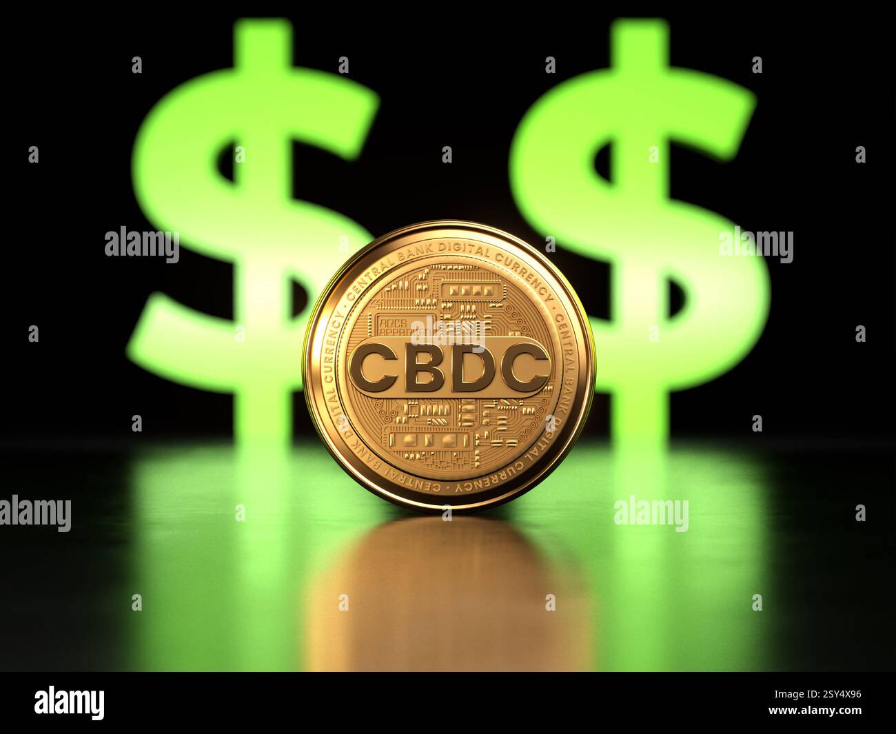 CBDC Central Bank Digital Currency golden coin in front of the dollar ...