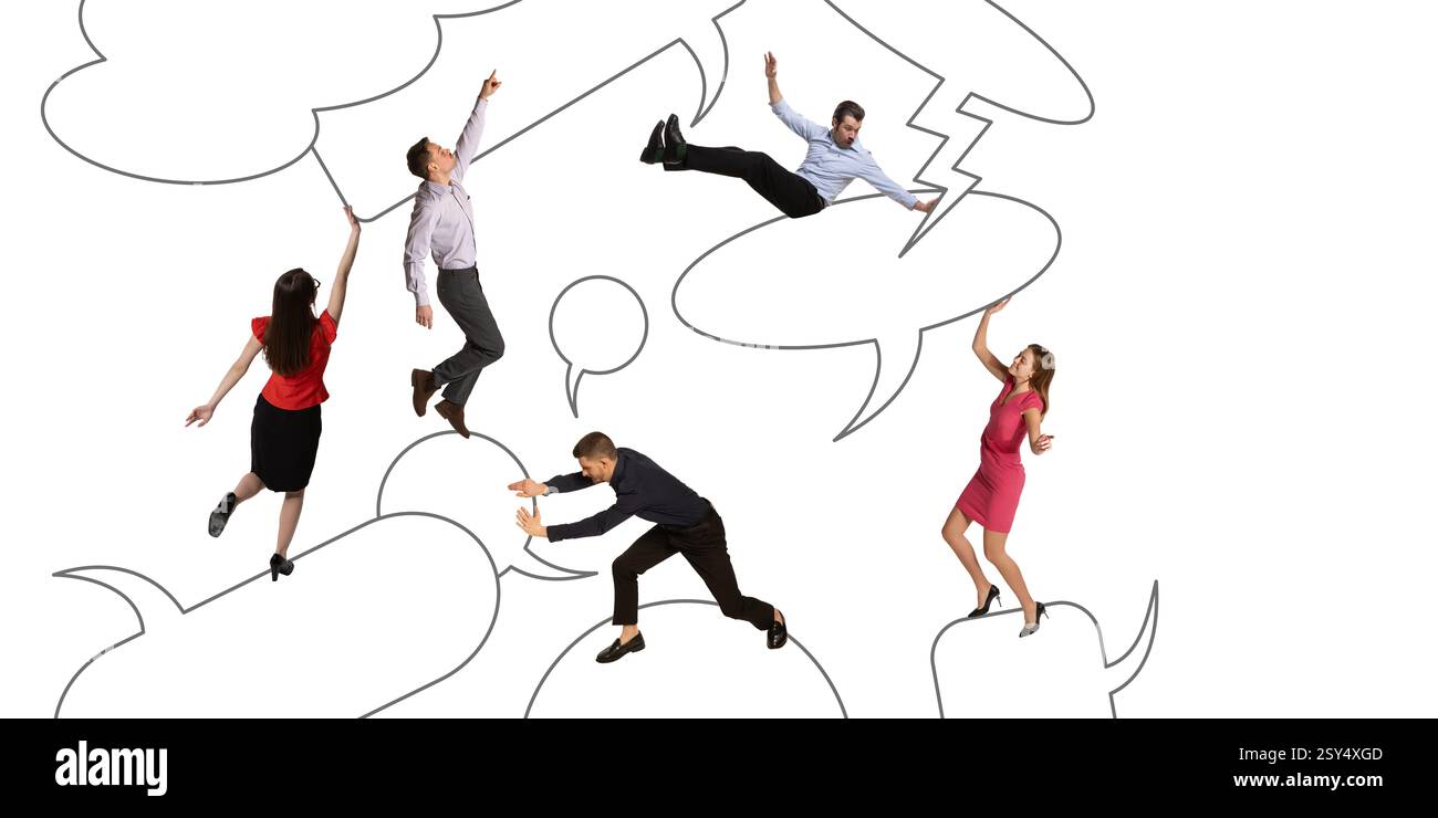 Team interacting with speech bubbles, navigating conversation ...