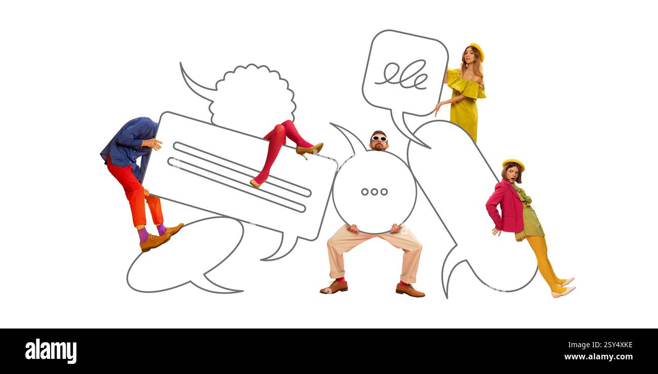 Team interacting with oversized speech bubbles, blending playful poses ...