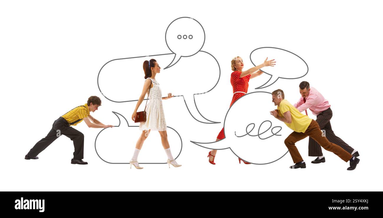 Team pushing and pulling speech bubbles, illustrating effort to create ...