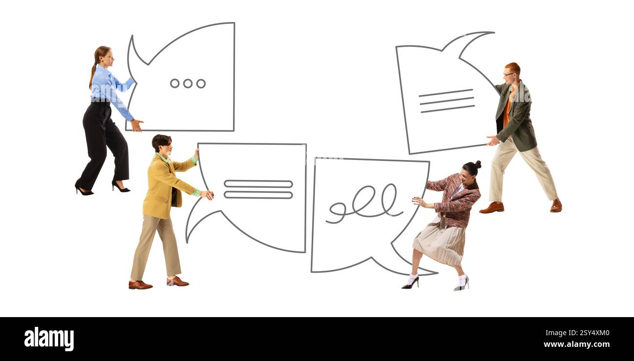 Team connecting giant speech bubbles, working together to construct meaningful dialogue and ...