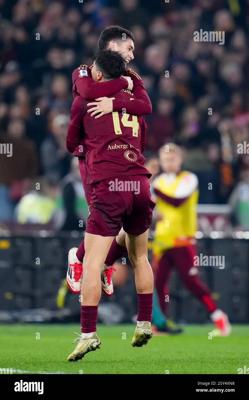 Eldor Shomurodov of AS Roma celebrates with Matias Soule' after scoring ...