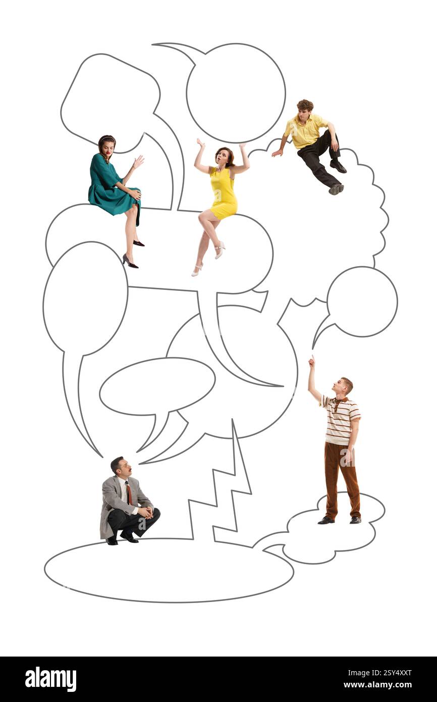 Team reaching different levels of speech bubbles, symbolizing dialogue ...