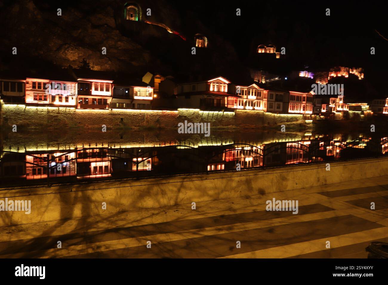 Night view of Amasya city. Turkey. Old Ottoman houses on the banks of ...