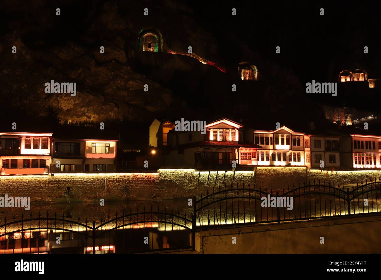 Night view of Amasya city. Turkey. Old Ottoman houses on the banks of ...