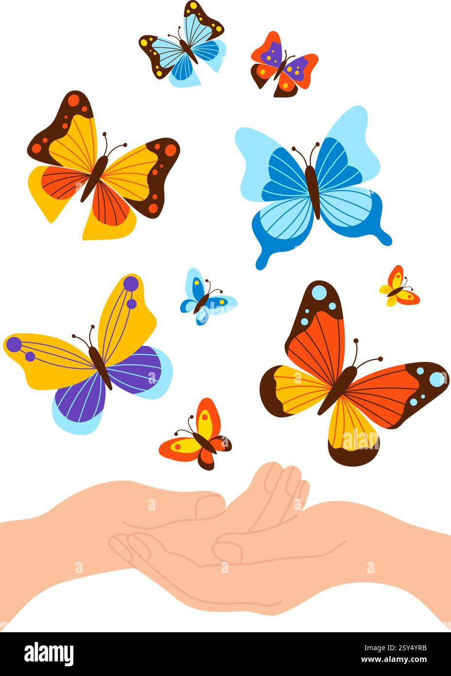 Hands releasing colorful butterflies. Butterfly symbolizing freedom, transformation, and ...