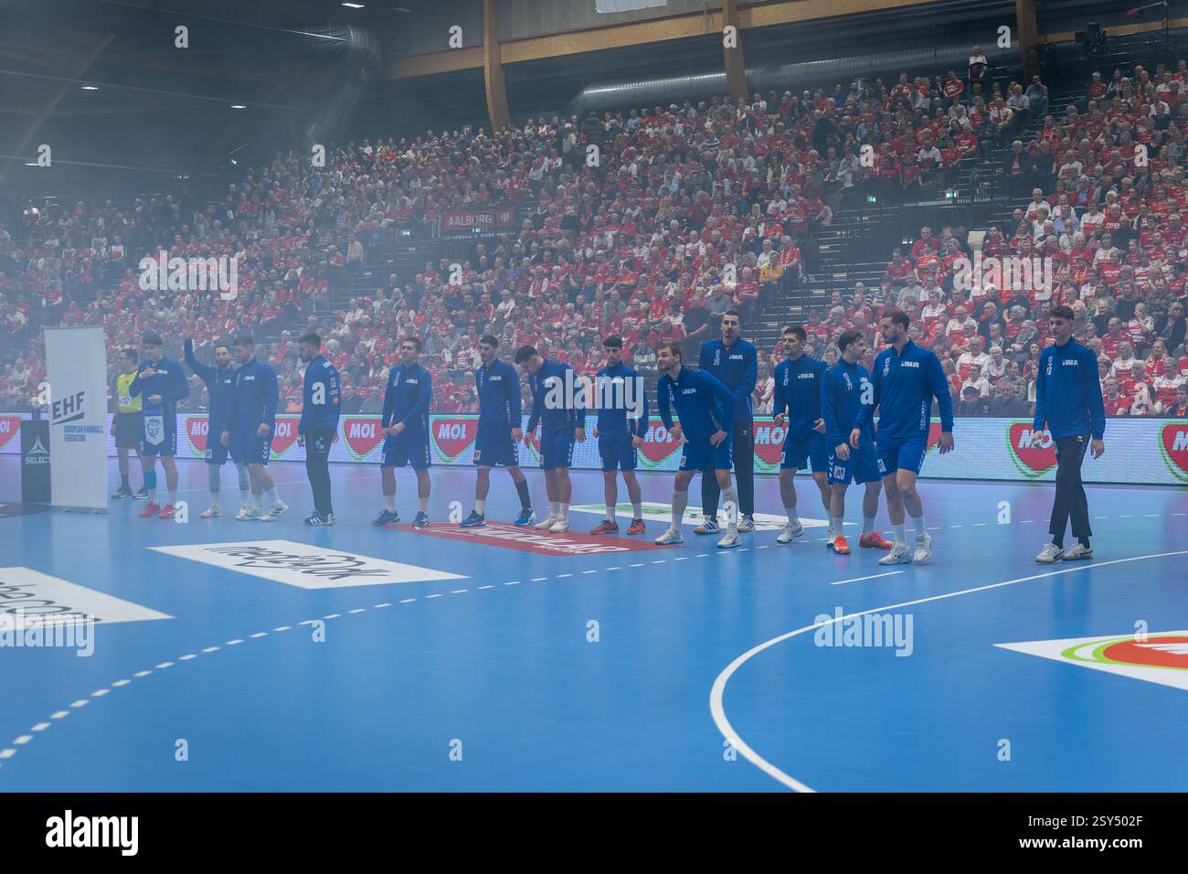 Aalborg, Denmark. 26th, February 2025. The players of HC Zagreb line up ...