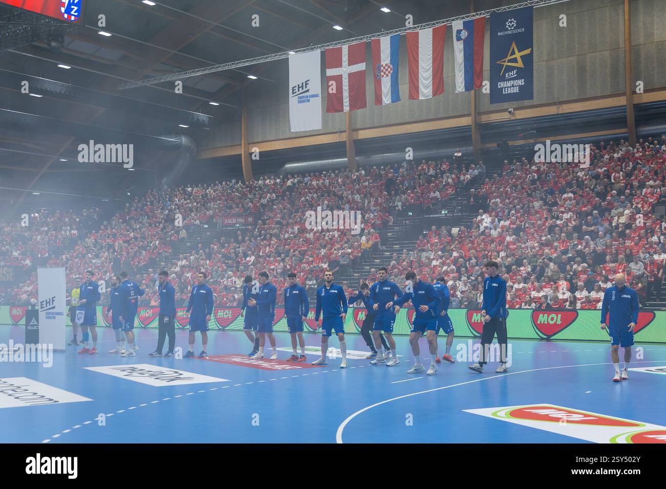 Aalborg, Denmark. 26th Feb, 2025. The players of HC Zagreb line up for ...