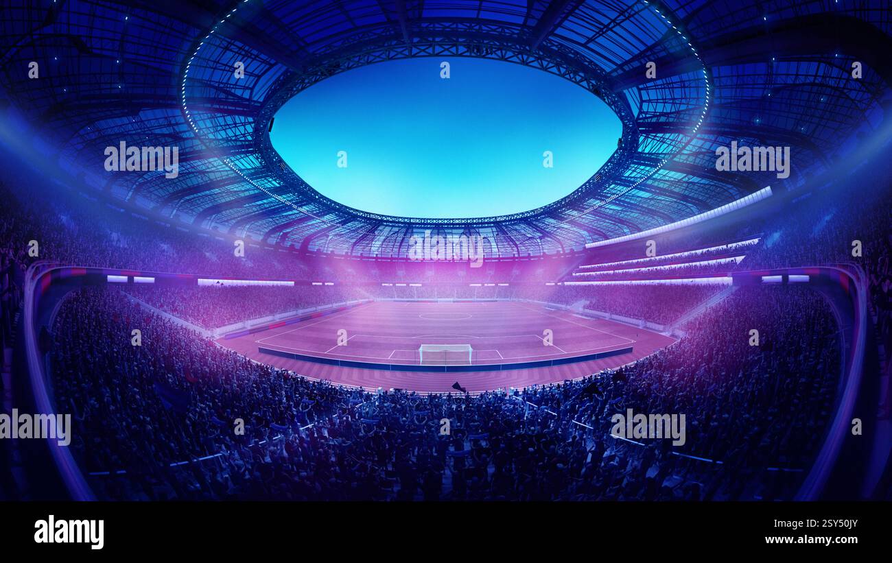 Neon-lit stadium. Stadium glowing with neon purple and blue lights ...