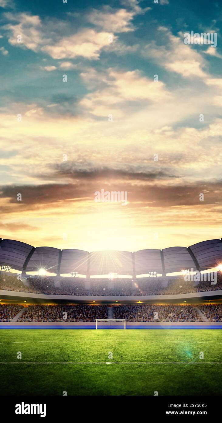 3D render of football field in massive arena with glass roof ...