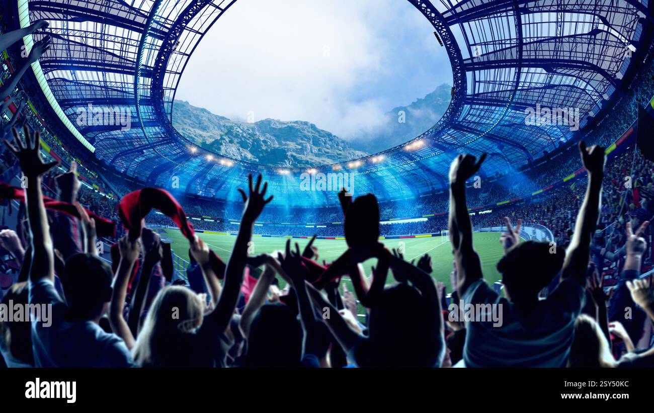 Excited crowd waving red scarves, cheering at massive modern stadium ...