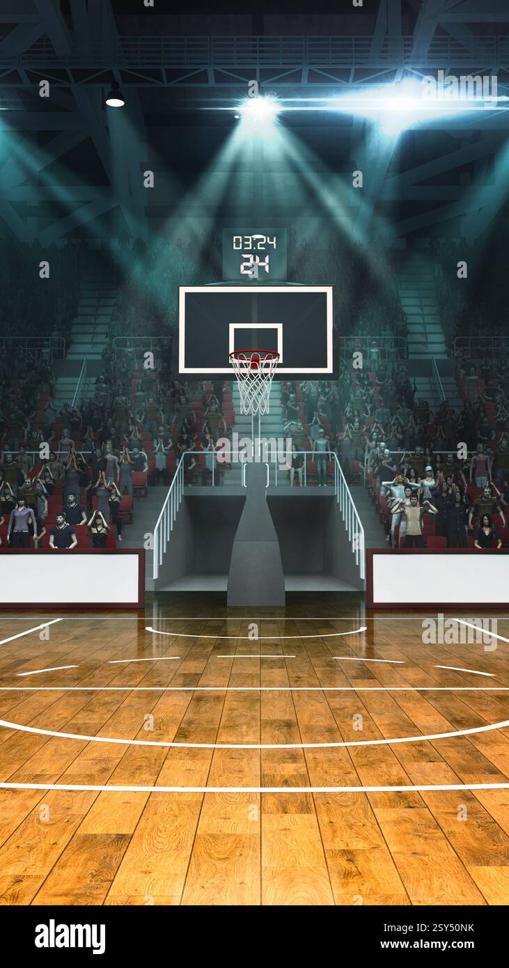 Indoor basketball stadium with wooden court and hoop at center and game ...