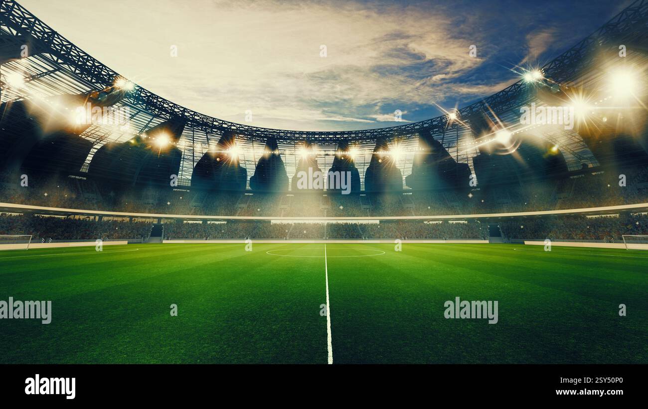 Grand football stadium with curved roof, packed audience, vibrant green ...