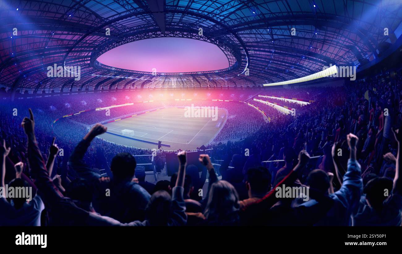 Fans raising hands, celebrating game under colorful sky, bright stadium ...