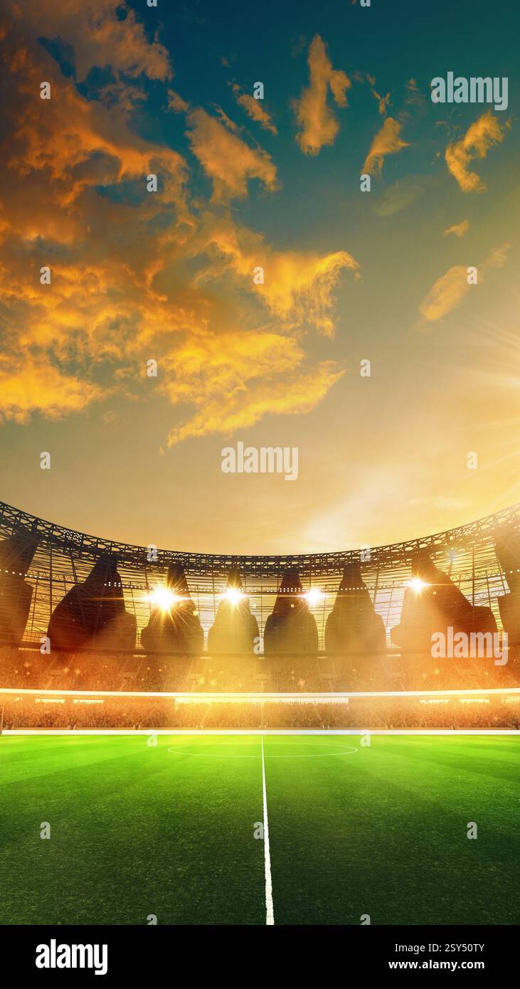 3D render of futuristic football stadium under golden evening sky and ...