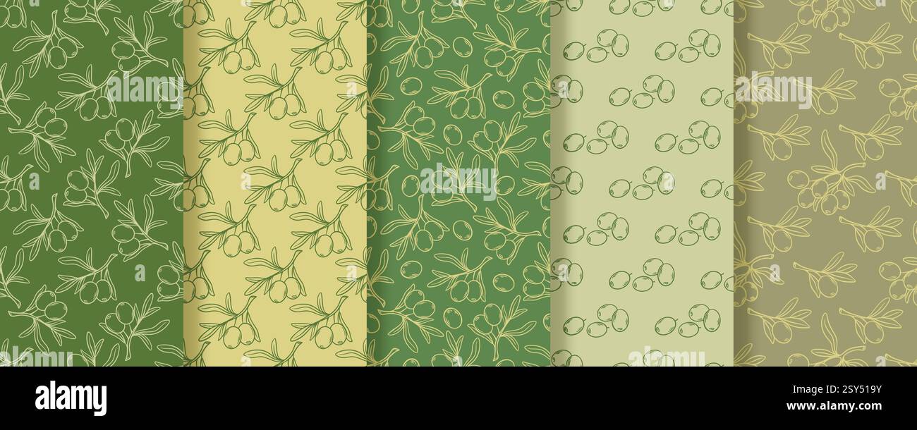 Hand engraved ripe olives harvest seamless pattern set. Extra virgin ...