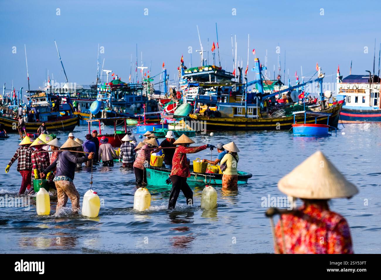 People work with freshly caught fish and carry water in canisters in ...