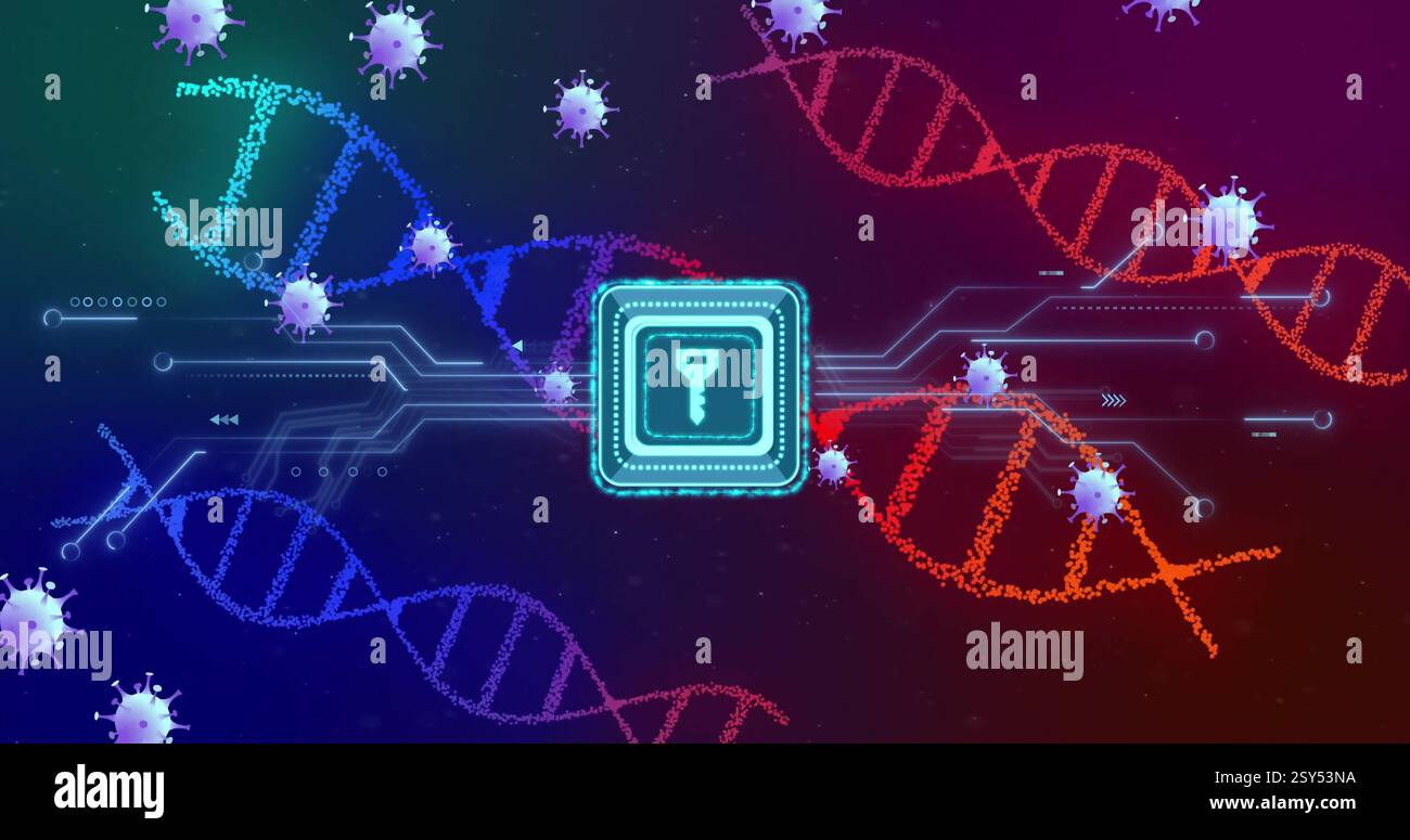 Image of key icon, dna strands and scientific data processing with ...
