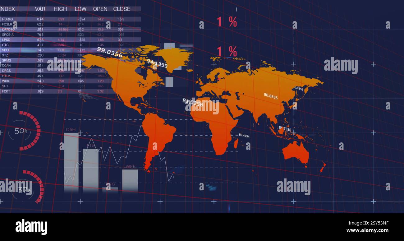 Image of world map, charts and processing data on black background ...