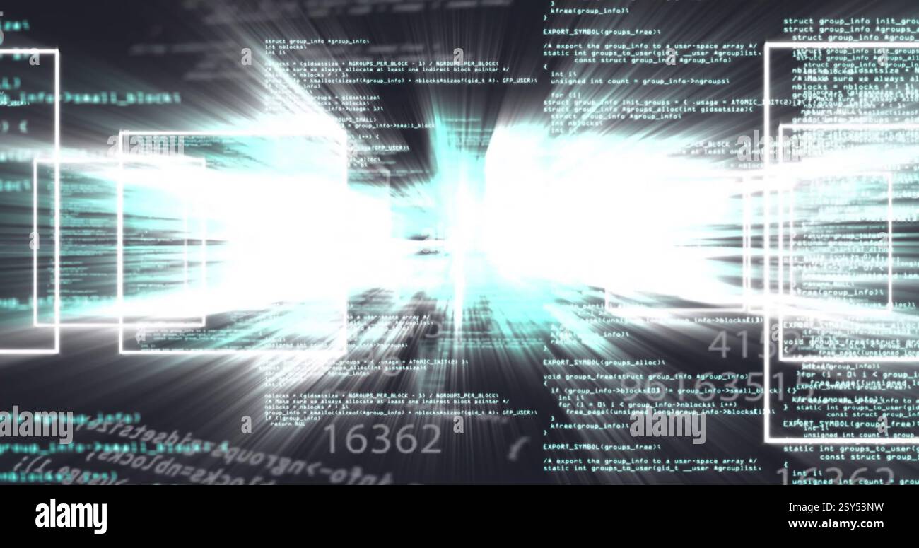 Image of data processing over light trails on black background Stock ...