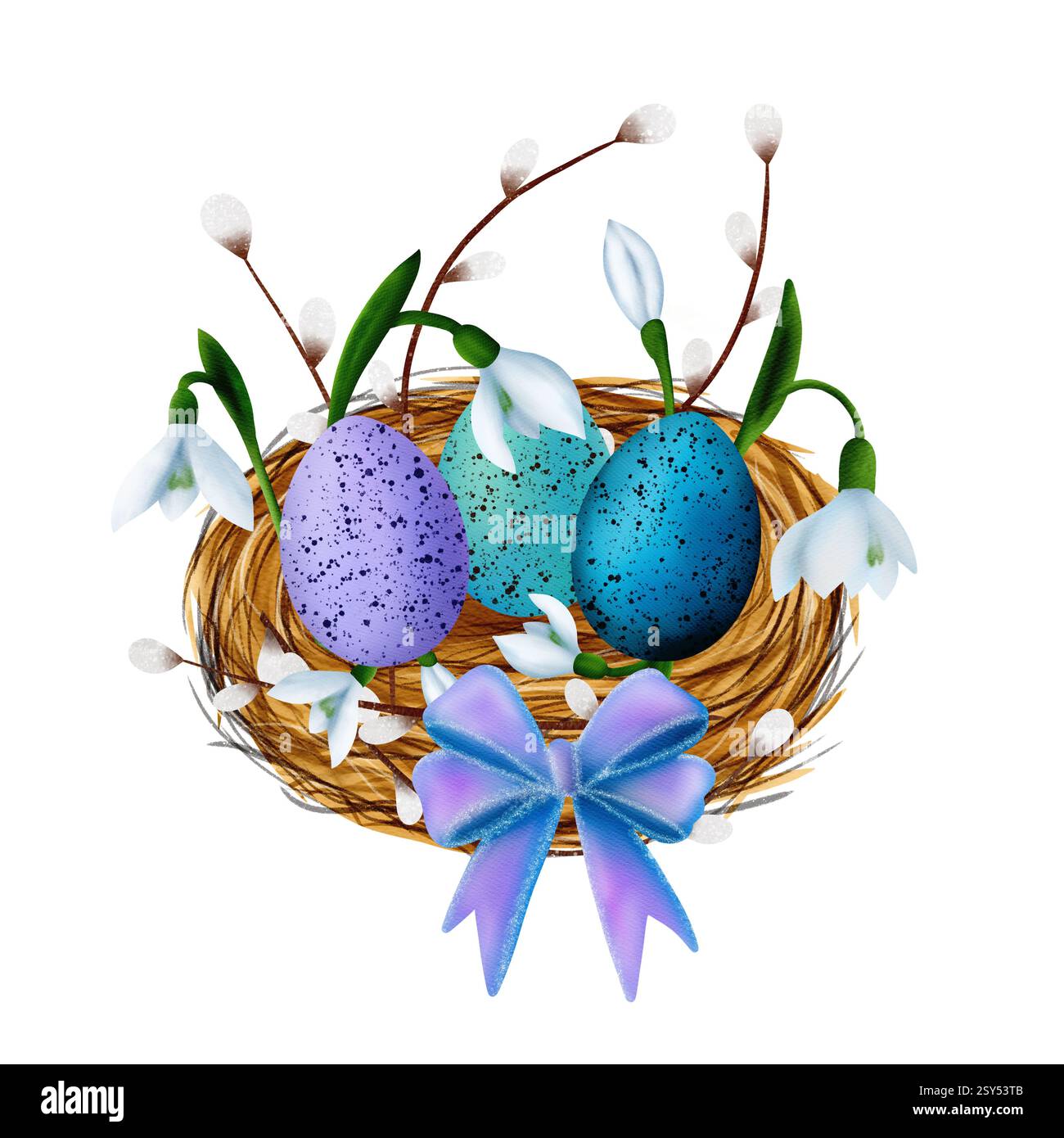 Easter composition with a nest, colourful eggs, snowdrop flowers and ...