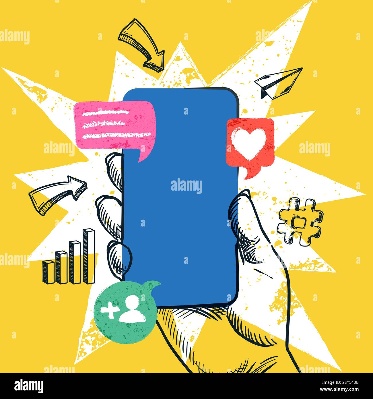 Human hand holding smartphone with message and social media icons ...