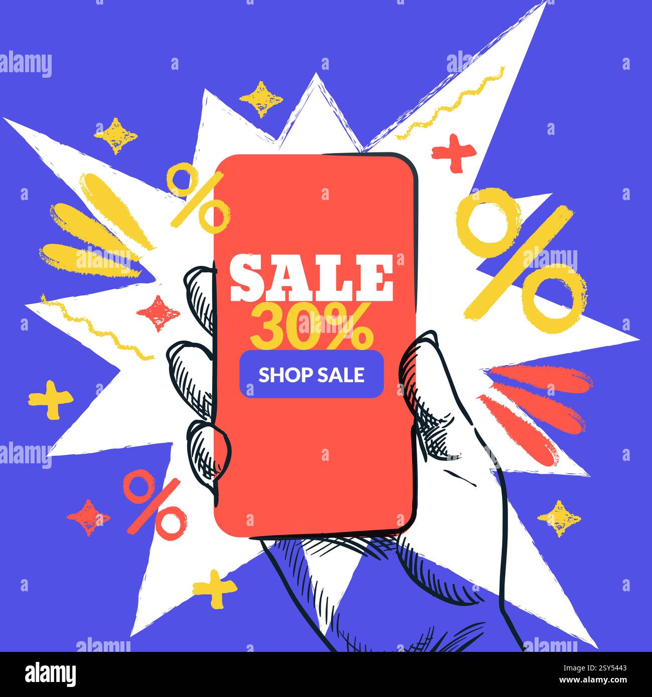 Human hand holding smartphone with sale promotion banner on screen ...