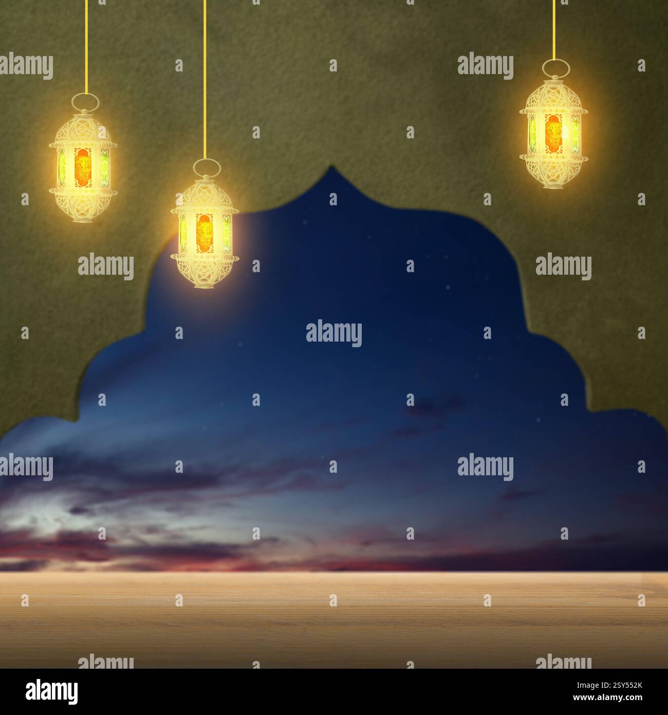 Traditional glowing Arabic lanterns hanging with a mosque dome pattern ...