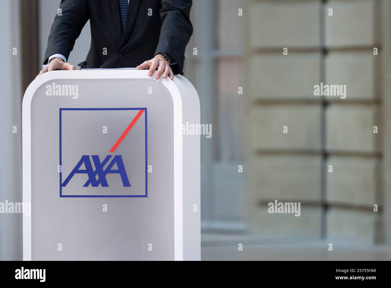 Paris, France. 27th Feb, 2025. Illustration AXA logo during a press ...