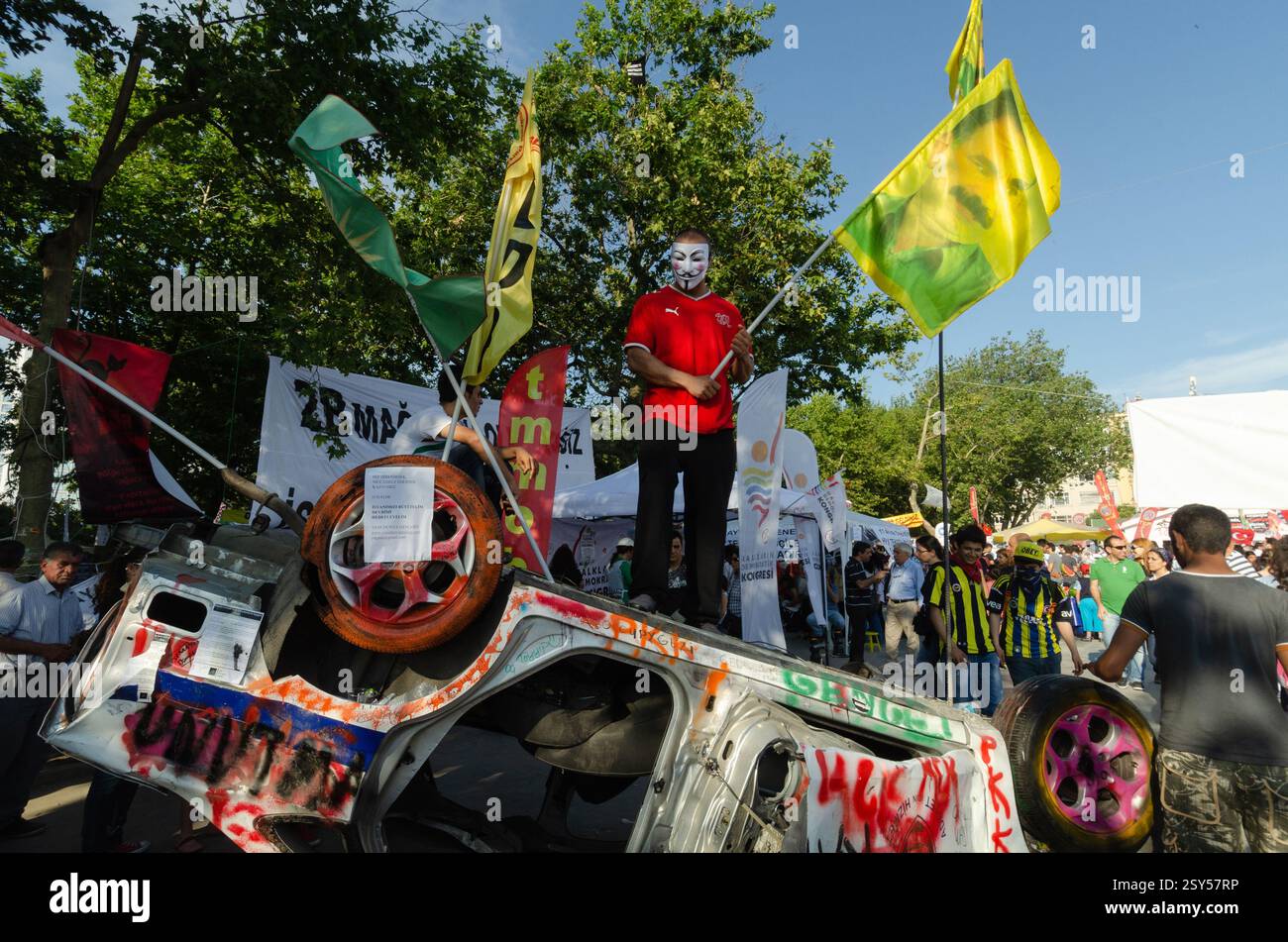 Flags depicting a portraits of Abdullah Ocalan founding member of the ...