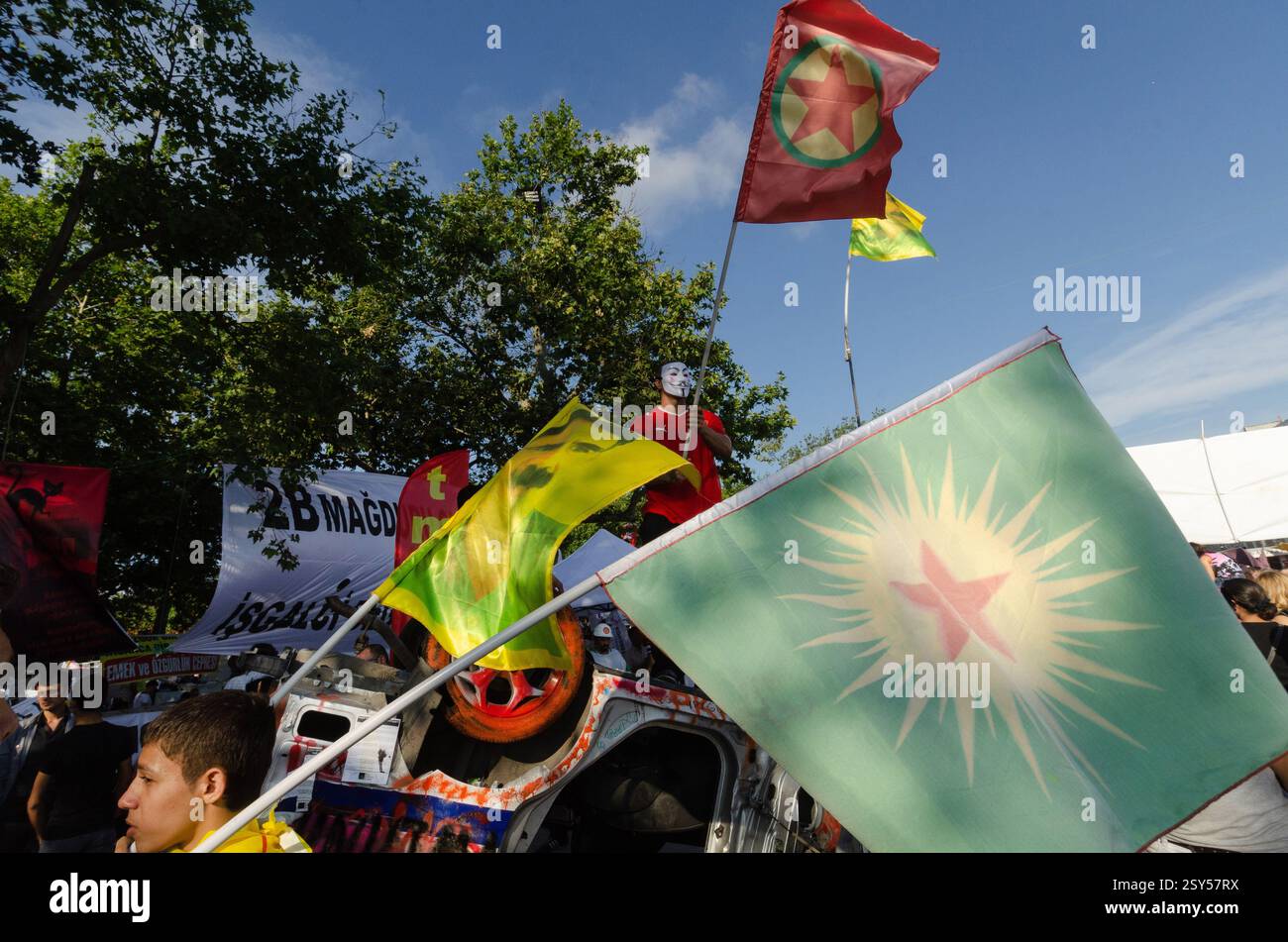 Flags depicting a portraits of Abdullah Ocalan founding member of the ...