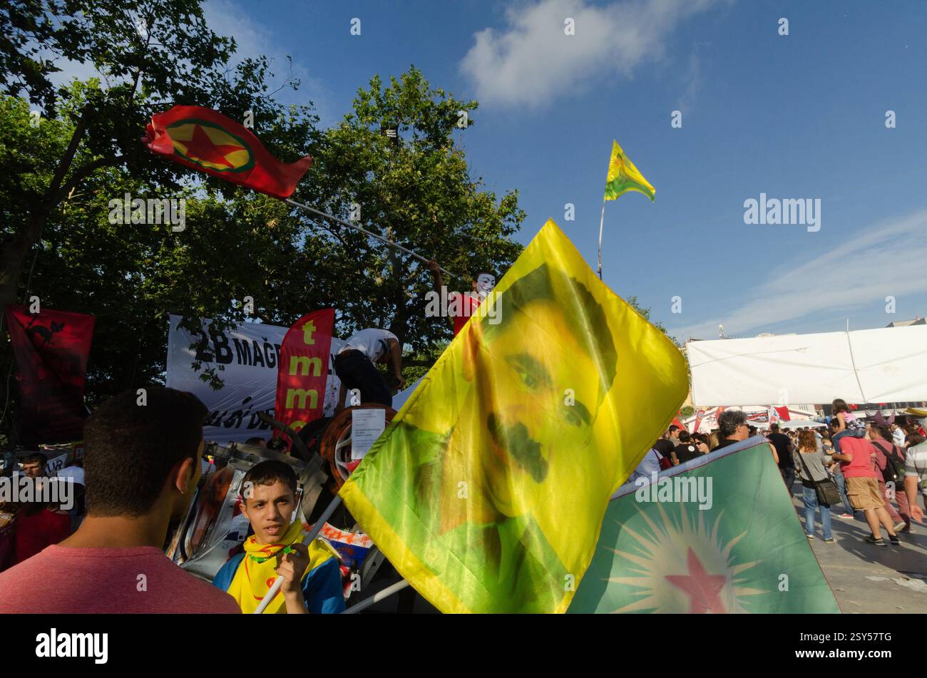Flags depicting a portraits of Abdullah Ocalan founding member of the ...