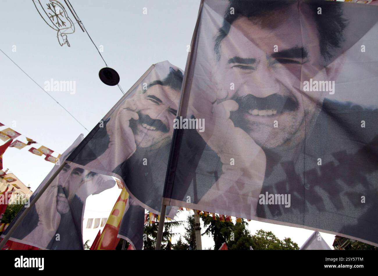 Flags depicting a portraits of Abdullah Ocalan founding member of the ...