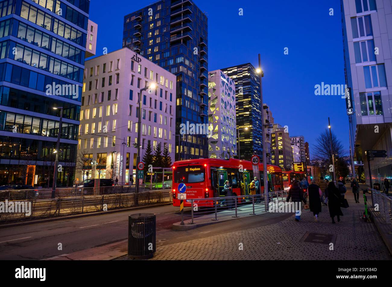 Street scene of the redeveloped Bjørvika in central Oslo with the ...