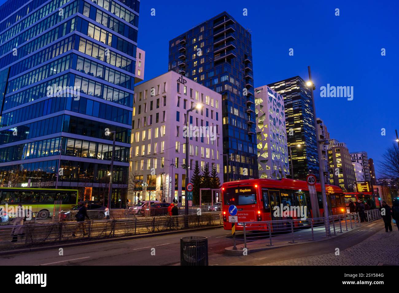 Street scene of the redeveloped Bjørvika in central Oslo with the ...