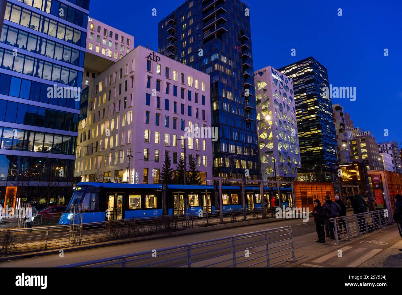 Street scene of the redeveloped Bjørvika in central Oslo with the ...