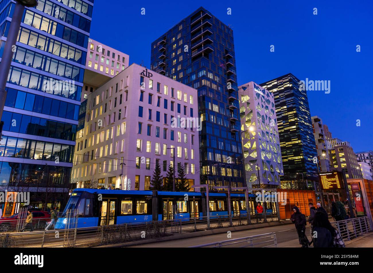 Street scene of the redeveloped Bjørvika in central Oslo with the ...