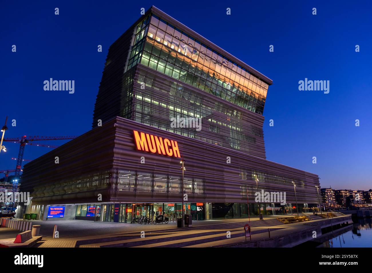 Exterior of the Munch Museum (Munchmuseet / Munch) at dusk in winter ...