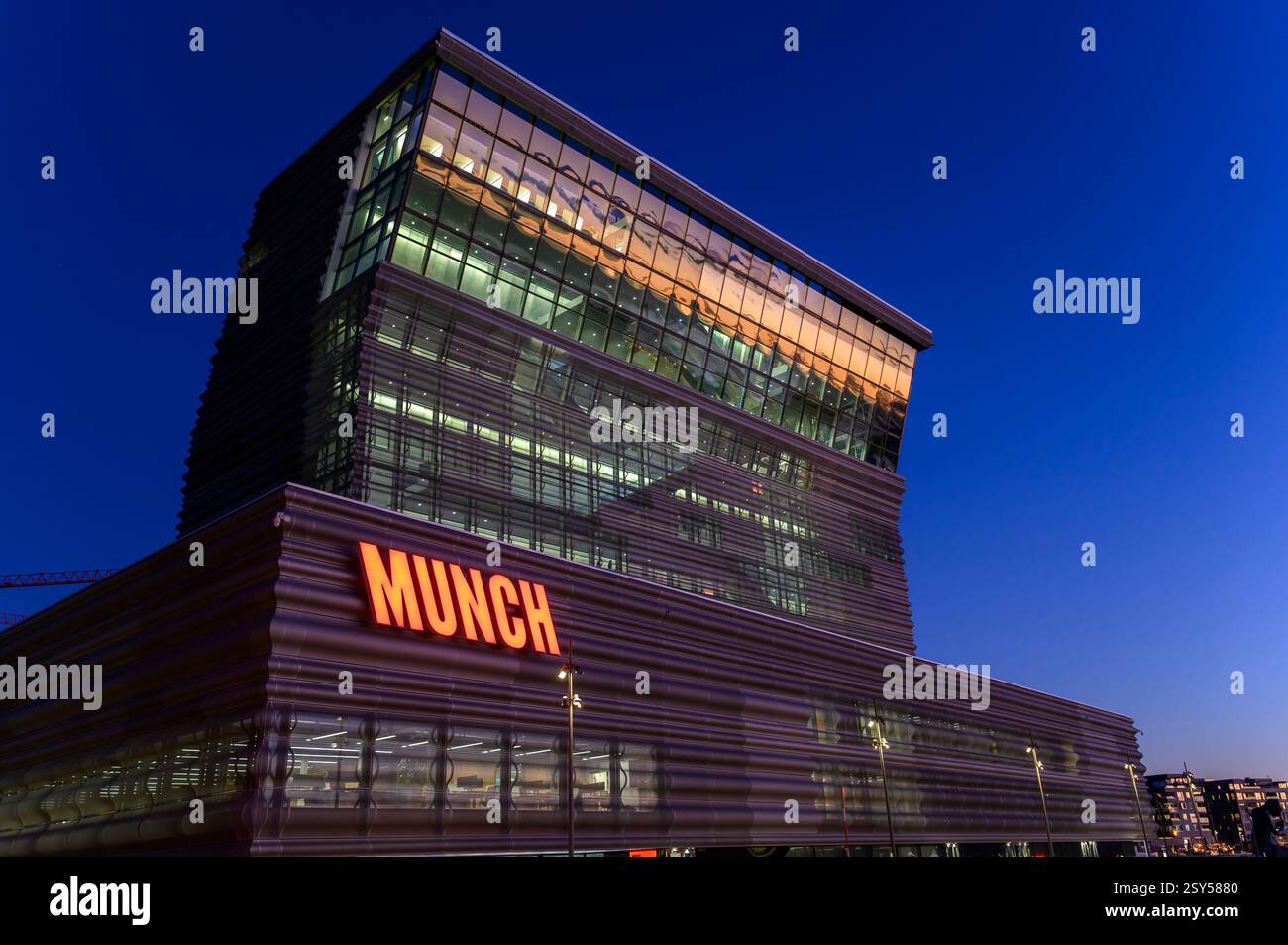 Exterior of the Munch Museum (Munchmuseet / Munch) at dusk in winter ...