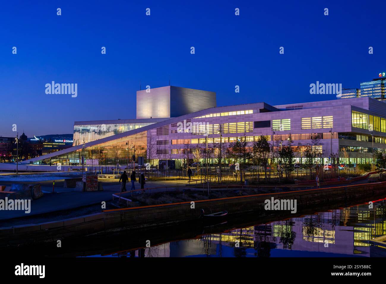 South-east aspect of Oslo Opera House (Operahuset) at dusk in winter ...
