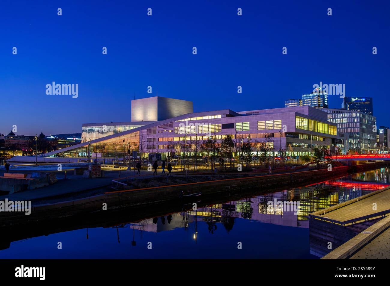 South-east aspect of Oslo Opera House (Operahuset) at dusk in winter ...