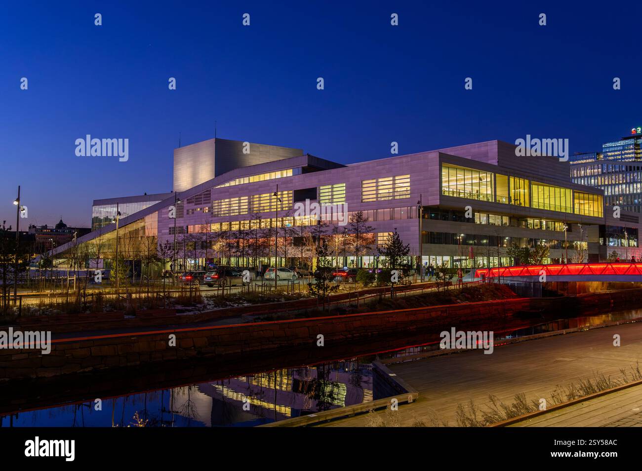 South-east aspect of Oslo Opera House (Operahuset) at dusk in winter ...