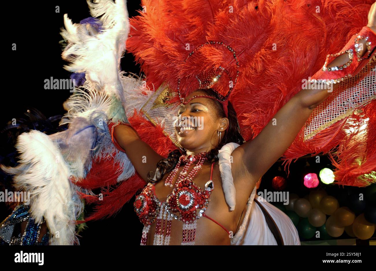 A Brazilian woman dressed up in exuberant hand-made costume takes part in Carnival celebration ...