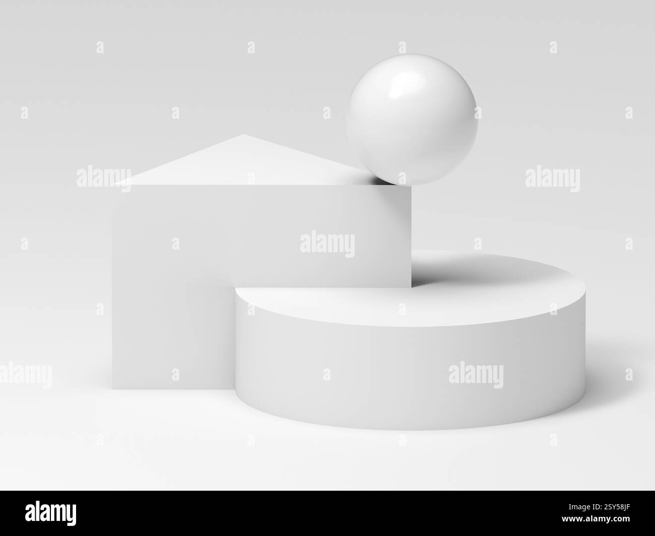 Abstract arrangement of geometric forms such as sphere, wedge and ...