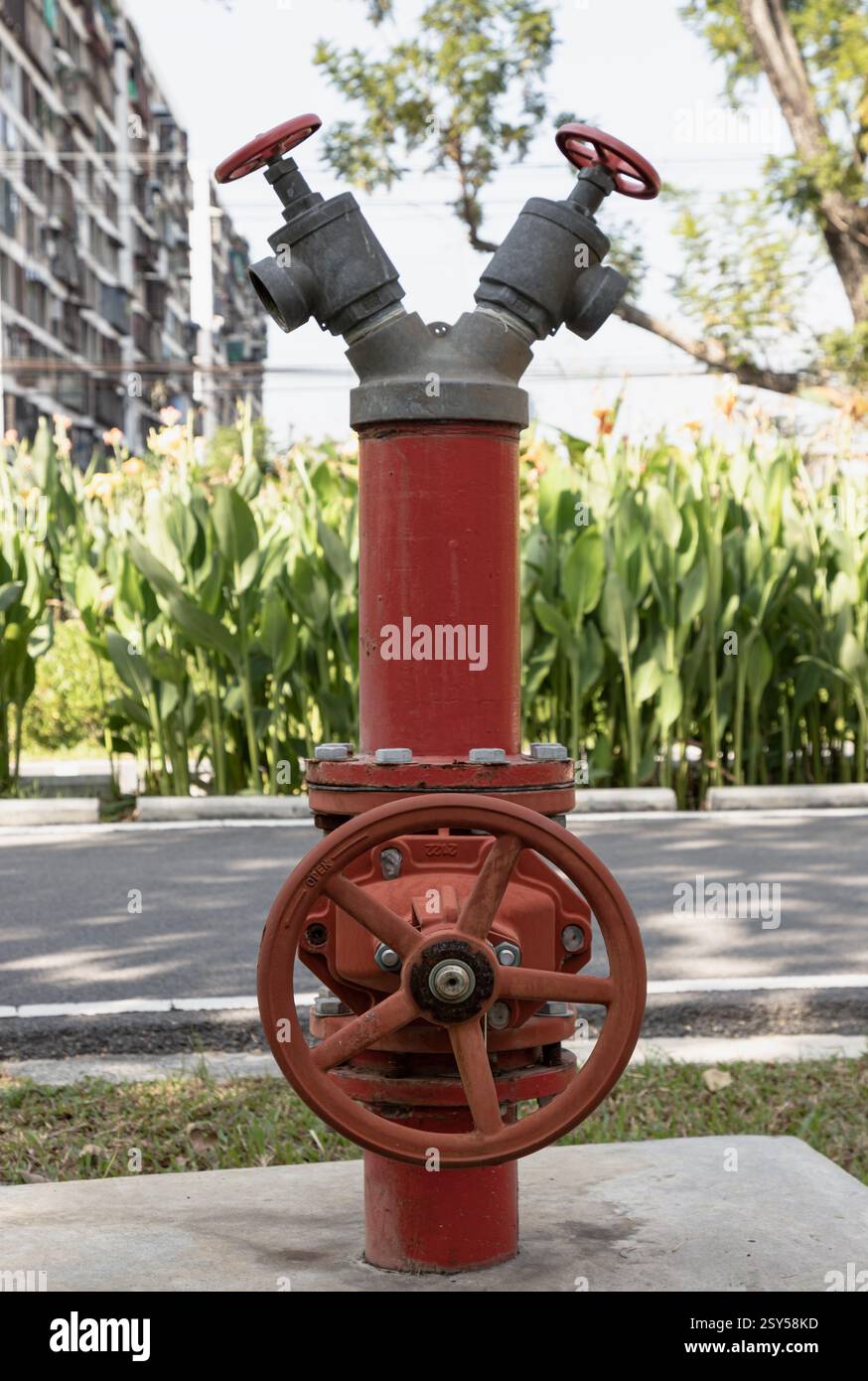 A old red fire hydrant (Fire plug or Water pump) standing in city park ...