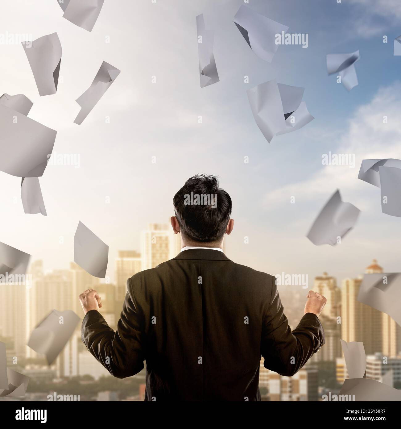 Businessmen feel stressed with flying paperwork at the workplace ...