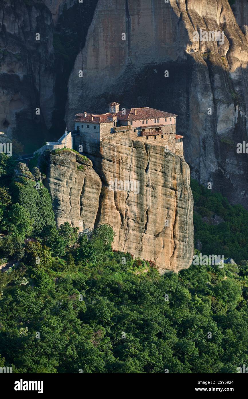 Medieval Meteora Monastery of St. Rousanou (Μονή Ρουσάνου) on top of a ...
