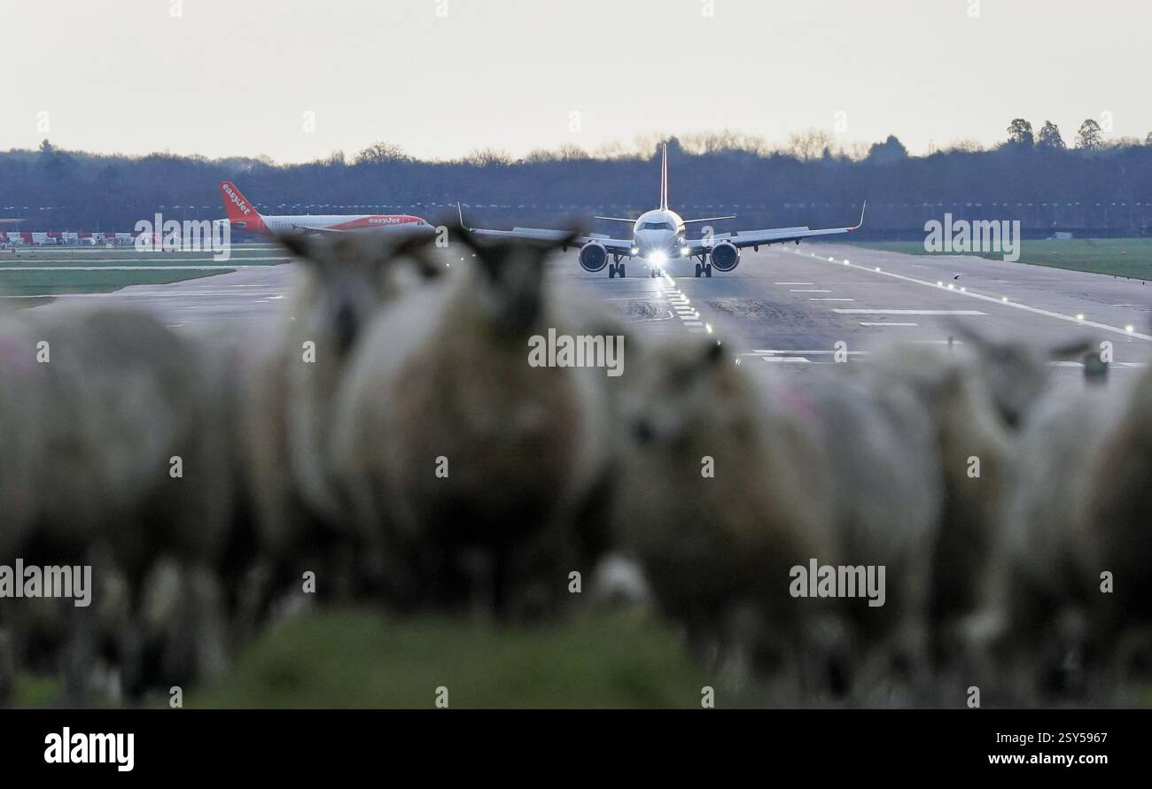 A passenger plane arrives at London Gatwick Airport in Crawley, West ...