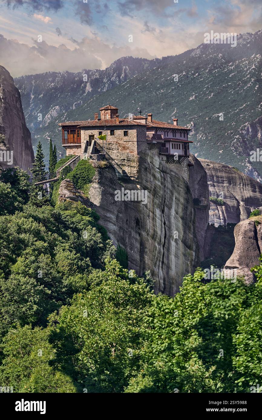 Medieval Meteora Monastery of St. Rousanou (Μονή Ρουσάνου) on top of a ...